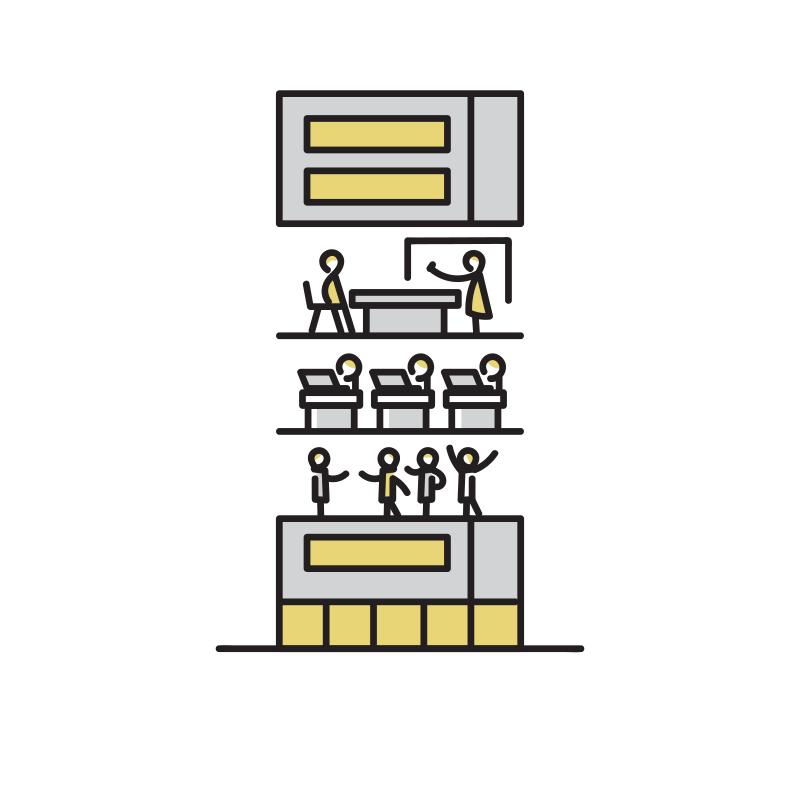 会社ビルの中のオフィスのイラスト